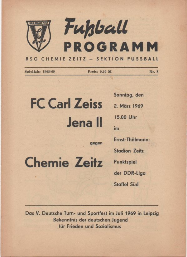 1968/1969 19. Spieltag: BSG Chemie Zeitz - FC Carl Zeiss Jena II 0:0 ...